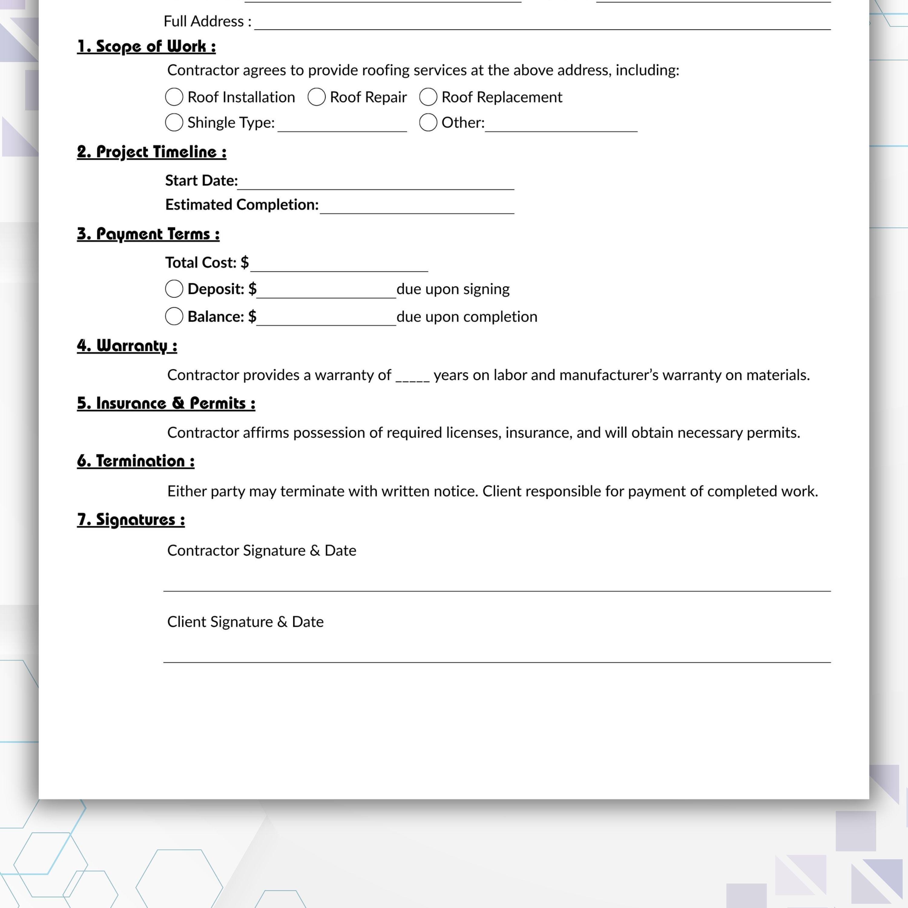 Editable Roofing Contract Template, Single Page Contractor Service ...