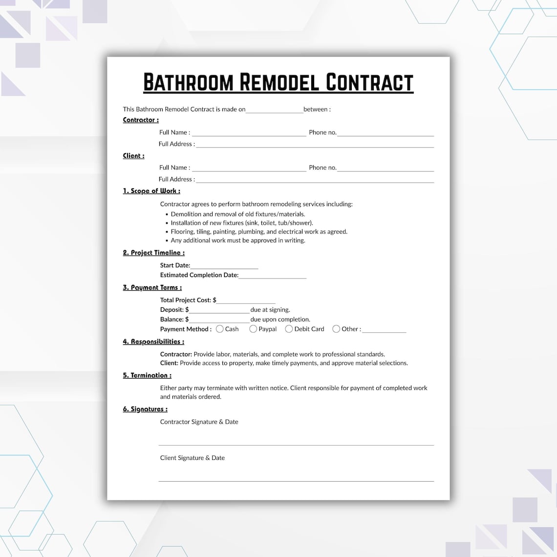 Editable Bathroom Remodel Contract, Simple Remodeling Agreement Form ...