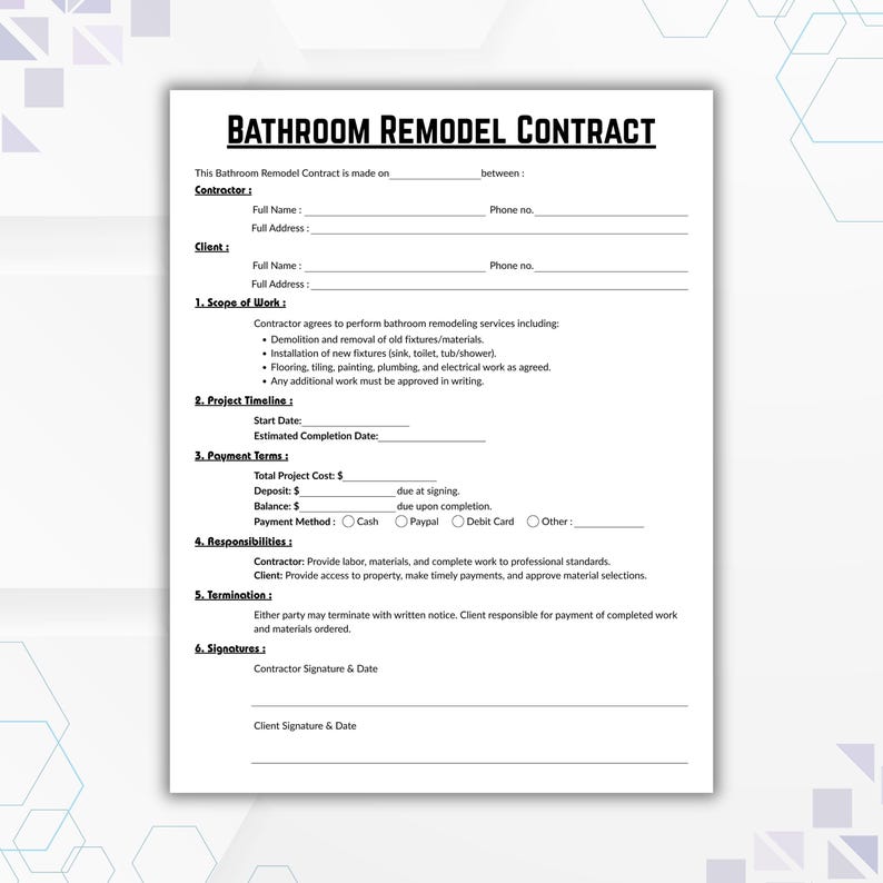 Editable Bathroom Remodel Contract, Simple Remodeling Agreement Form ...