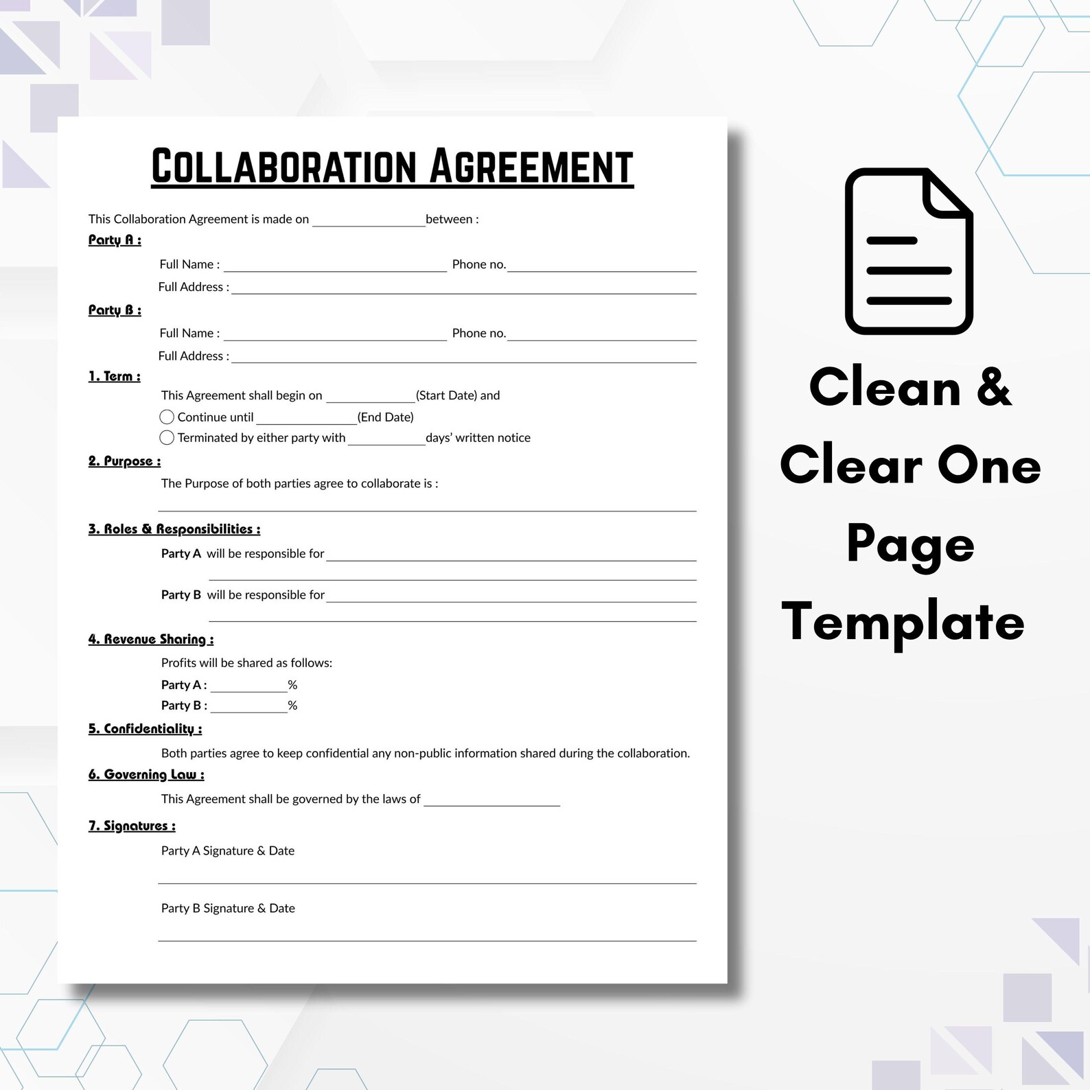 Editable Collaboration Agreement Template, Single Page Business ...