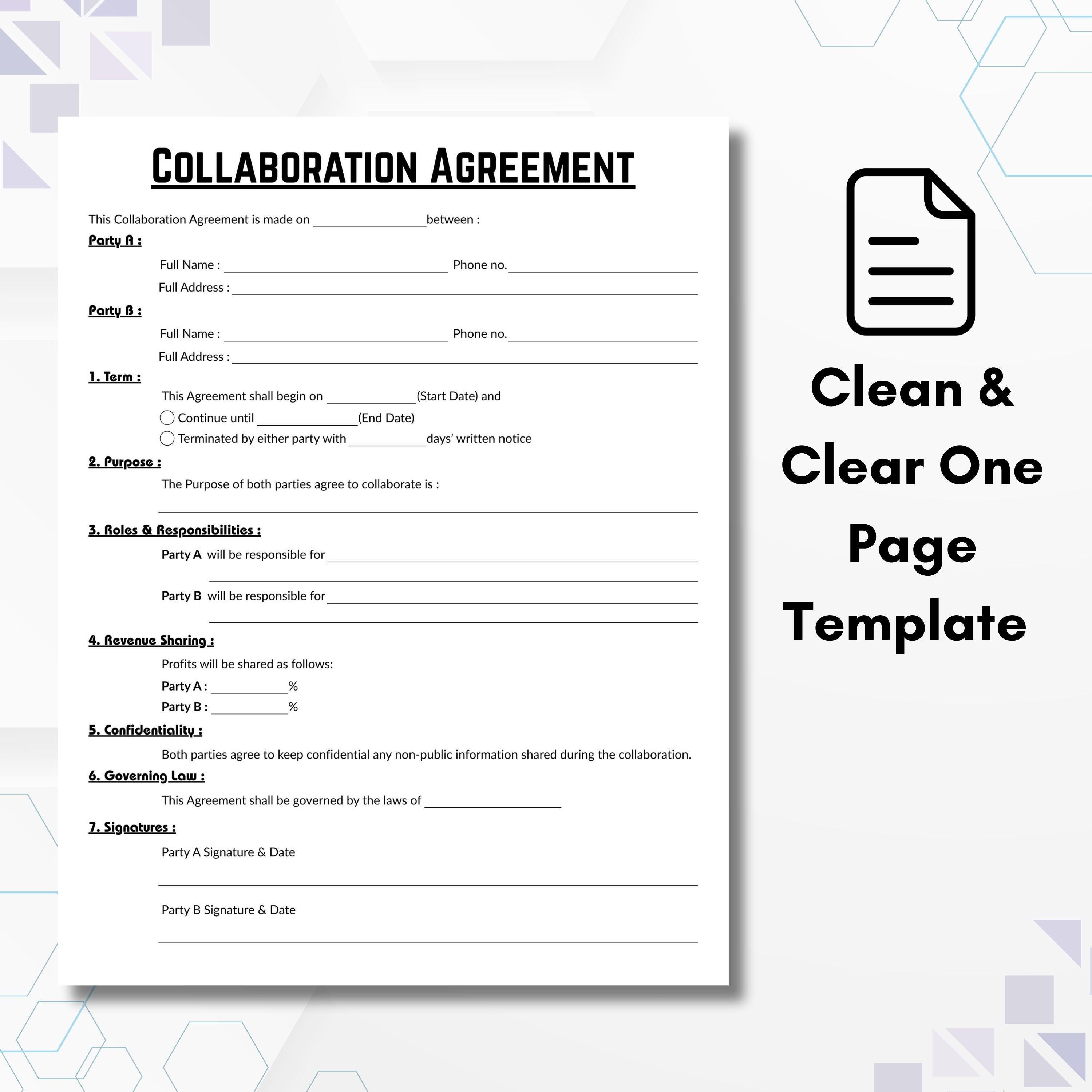 Editable Collaboration Agreement Template, Single Page Business ...