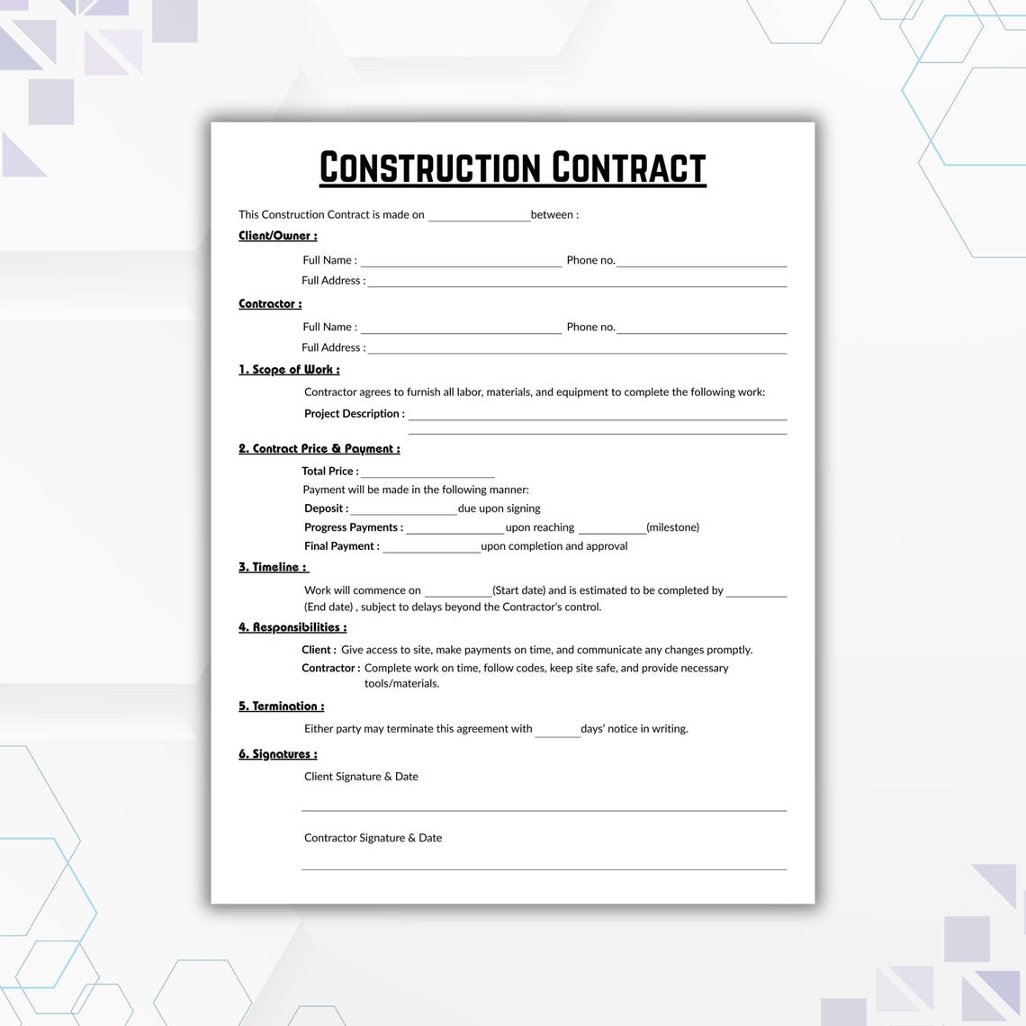 Editable Construction Contract Agreement Template, Single Page ...