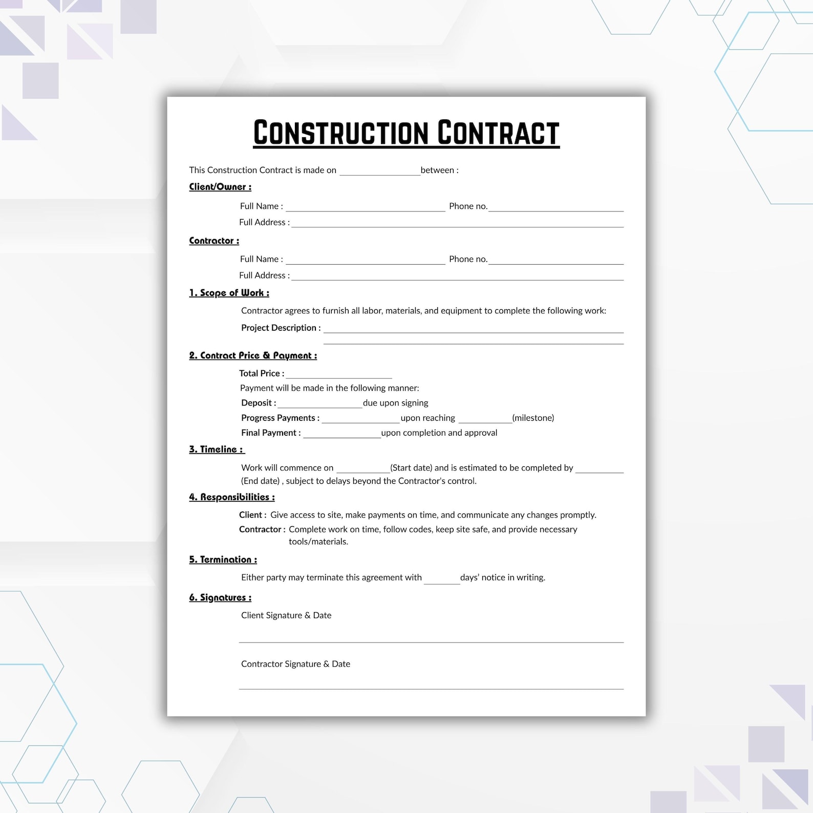 Editable Construction Contract Agreement Template, Single Page ...
