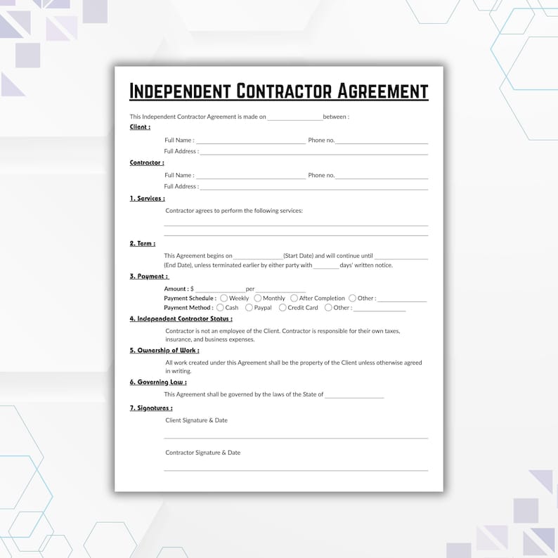 Editable Independent Contractor Agreement Template, Single Page ...