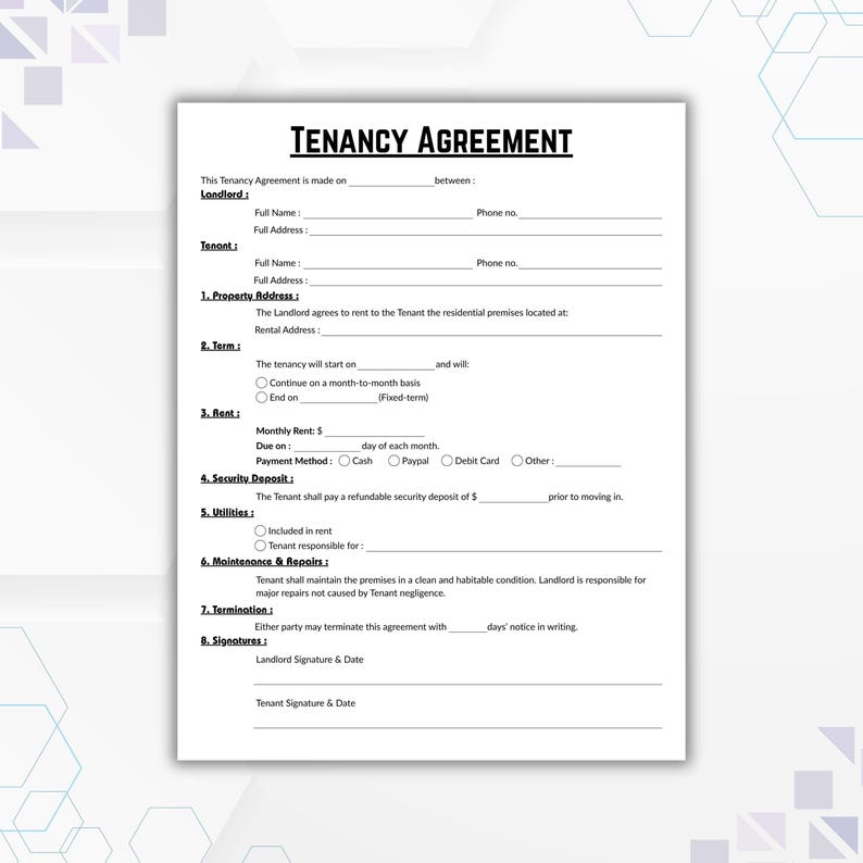 Editable Tenancy Agreement Template, Single Page Rental Agreement ...