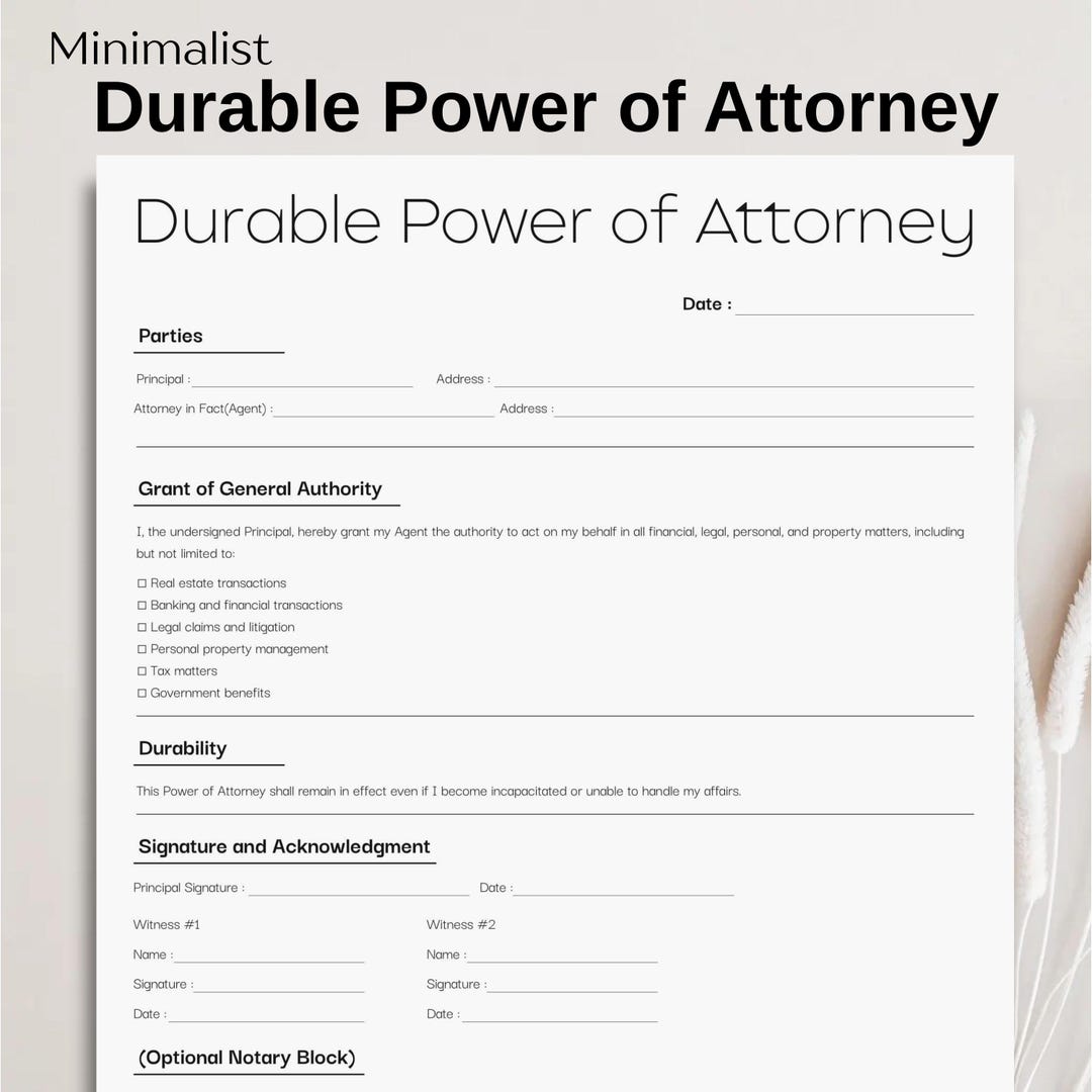 Minimalist Durable Power of Attorney Template, Simple Durable Financial ...