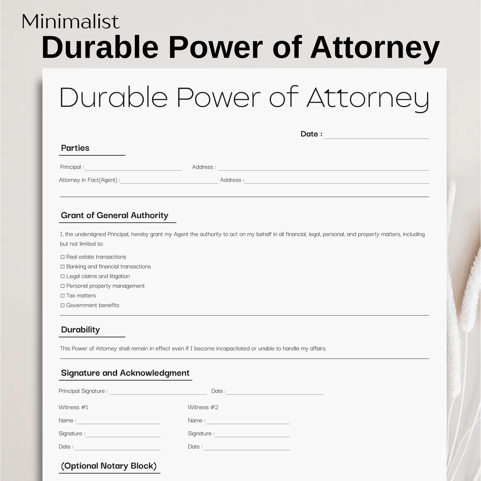 Minimalist Durable Power of Attorney Template, Simple Durable Financial ...