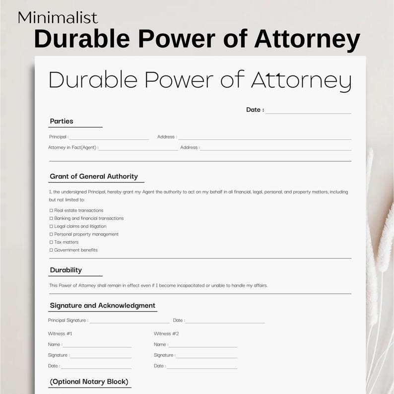 Minimalist Durable Power of Attorney Template, Simple Durable Financial ...