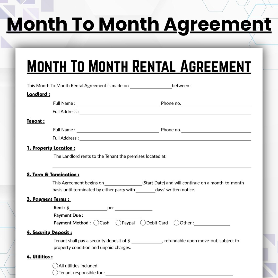 Editable Month to Month Rental Agreement Template, Single Page Tenant ...