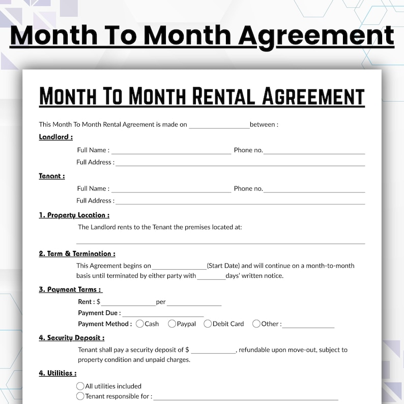 Editable Month to Month Rental Agreement Template, Single Page Tenant ...