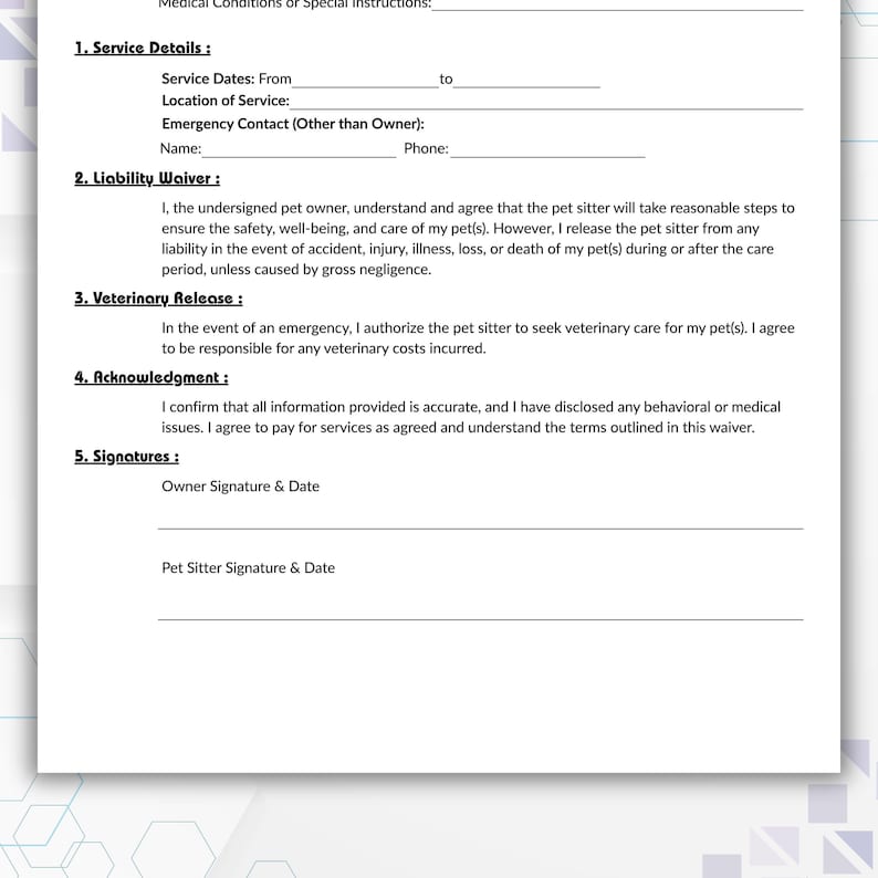 Editable Pet Sitting Waiver Form, Simple Pet Sitting Release Form ...