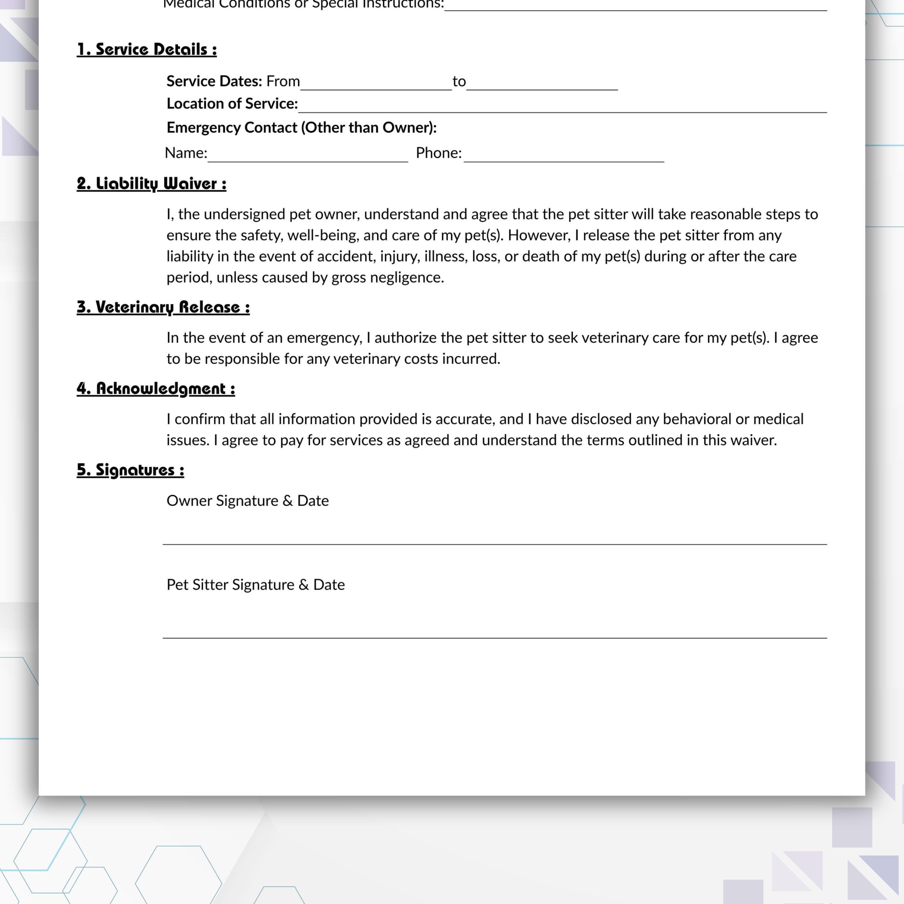 Editable Pet Sitting Waiver Form, Simple Pet Sitting Release Form ...