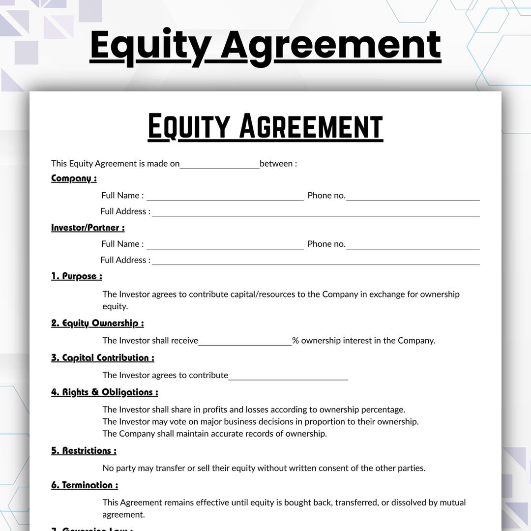 Editable Equity Agreement, Simple Equity Share Document Template ...