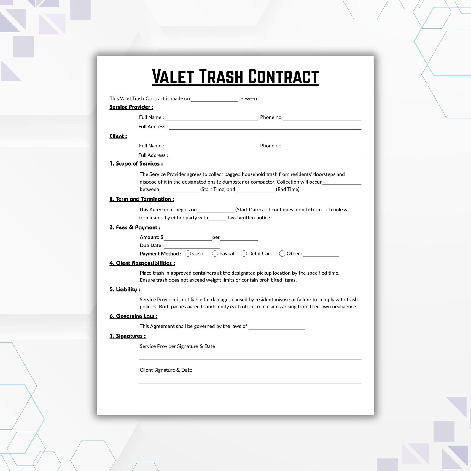 Editable Valet Trash Contract Template, Single Page Waste Removal ...