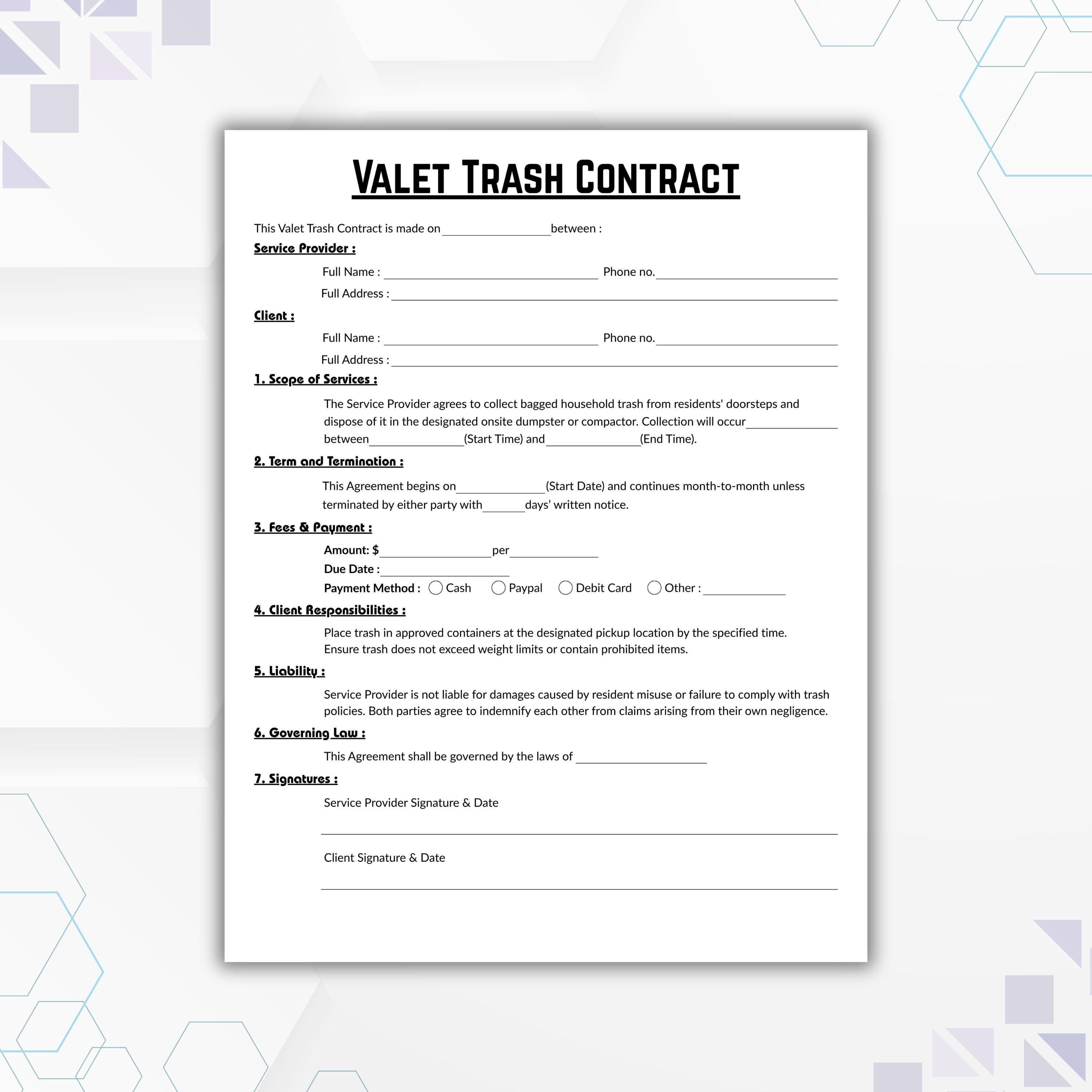 Editable Valet Trash Contract Template, Single Page Waste Removal Services Agreement Form ...