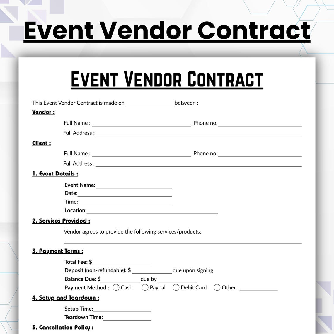 Editable Event Vendor Contract Template, Single Page Popup Event Vendor ...