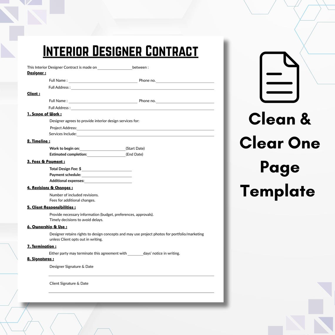Editable Interior Designer Contract Template, Single Page Interior ...