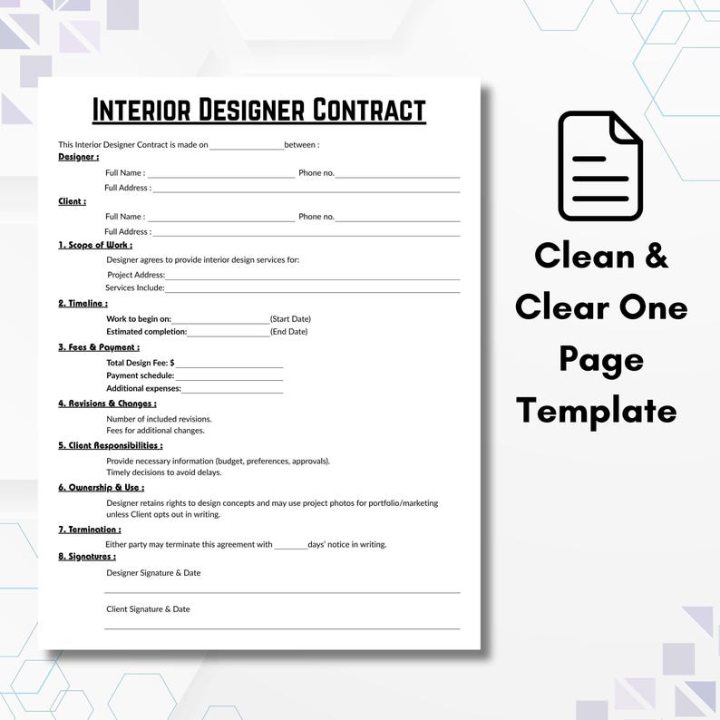 Editable Interior Designer Contract Template, Single Page Interior ...