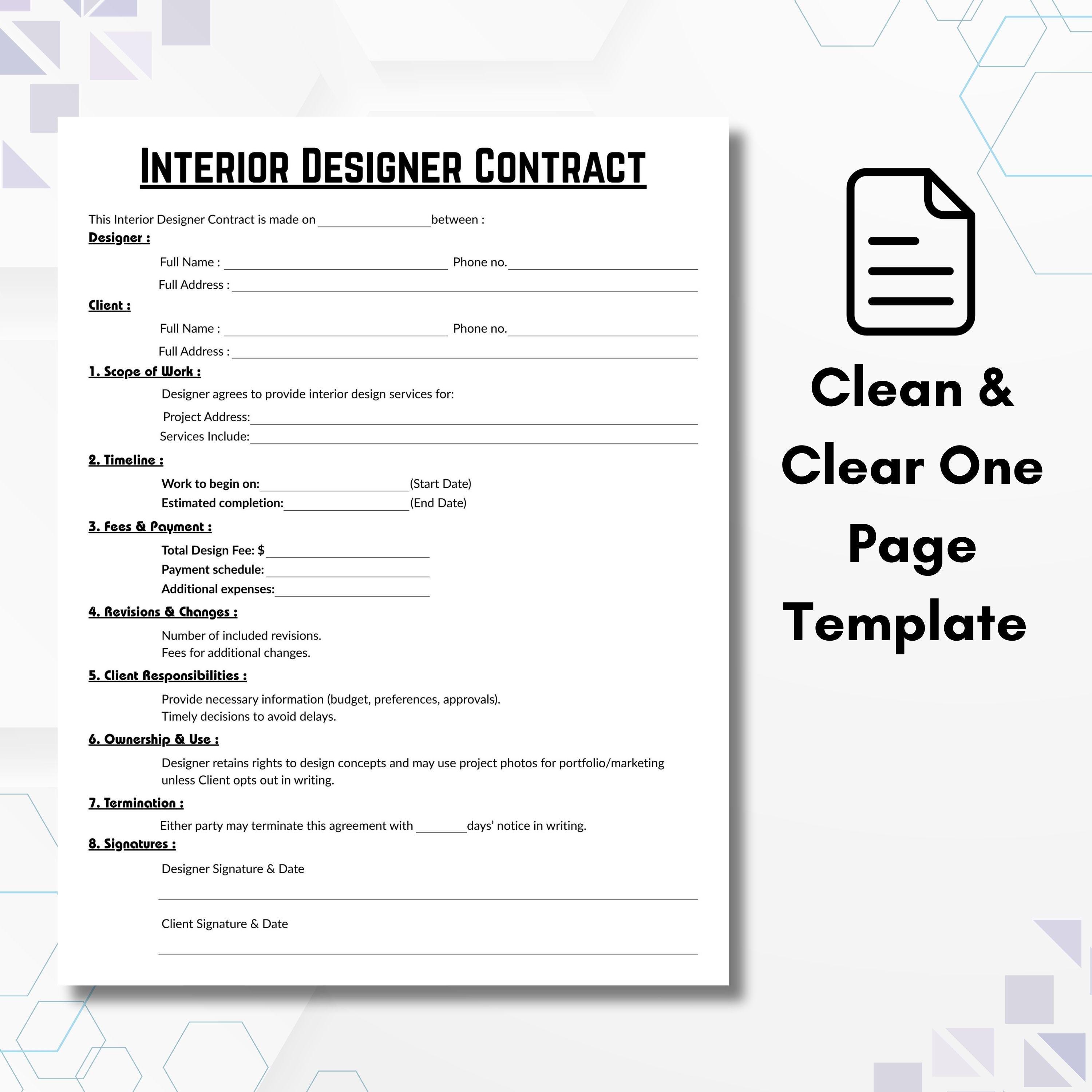 Editable Interior Designer Contract Template, Single Page Interior ...