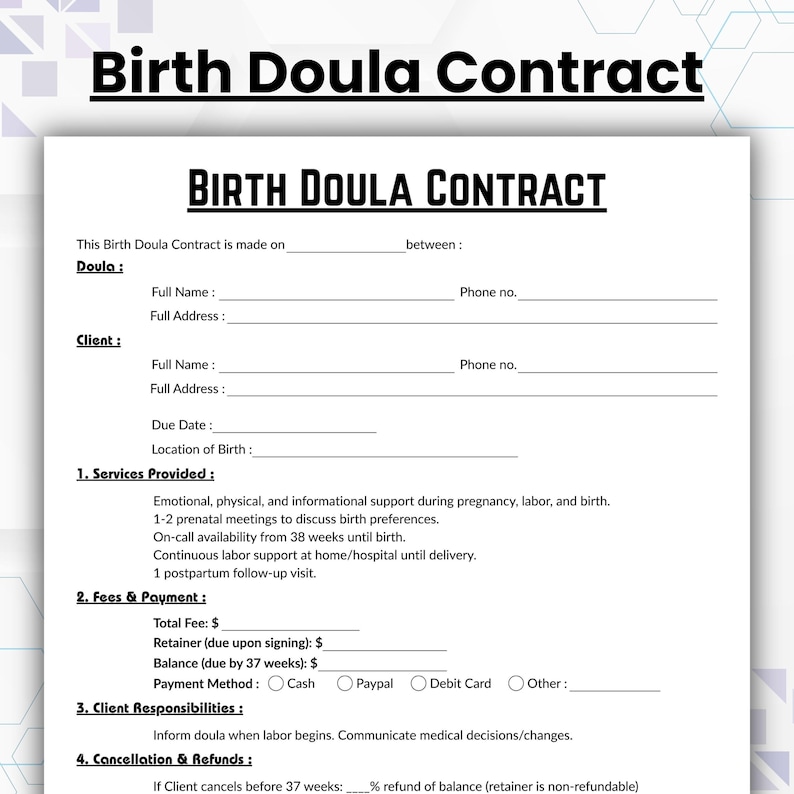 Editable Birth Doula Contract Template, Single Page Labor Support ...