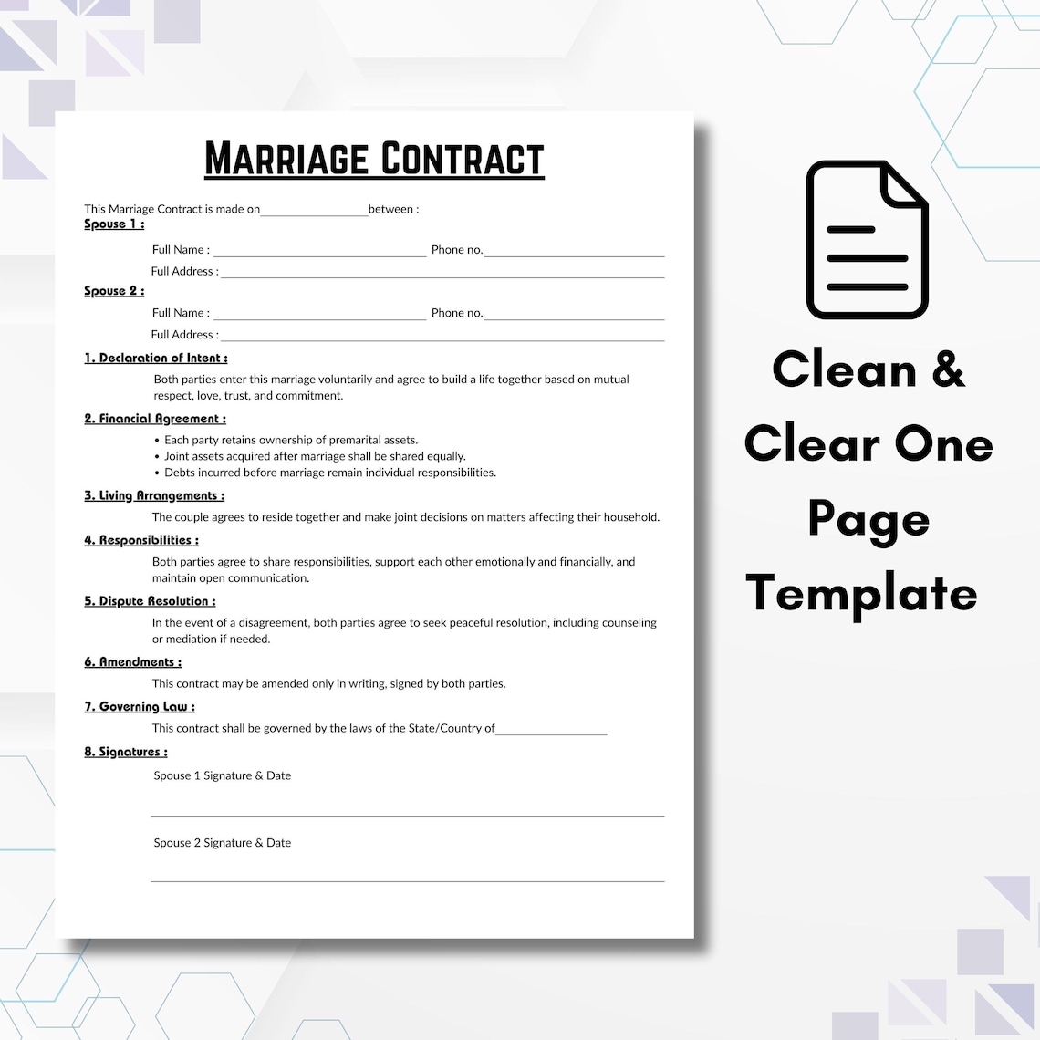 Editable Marriage Contract, Simple Relationship Agreement for Couples ...