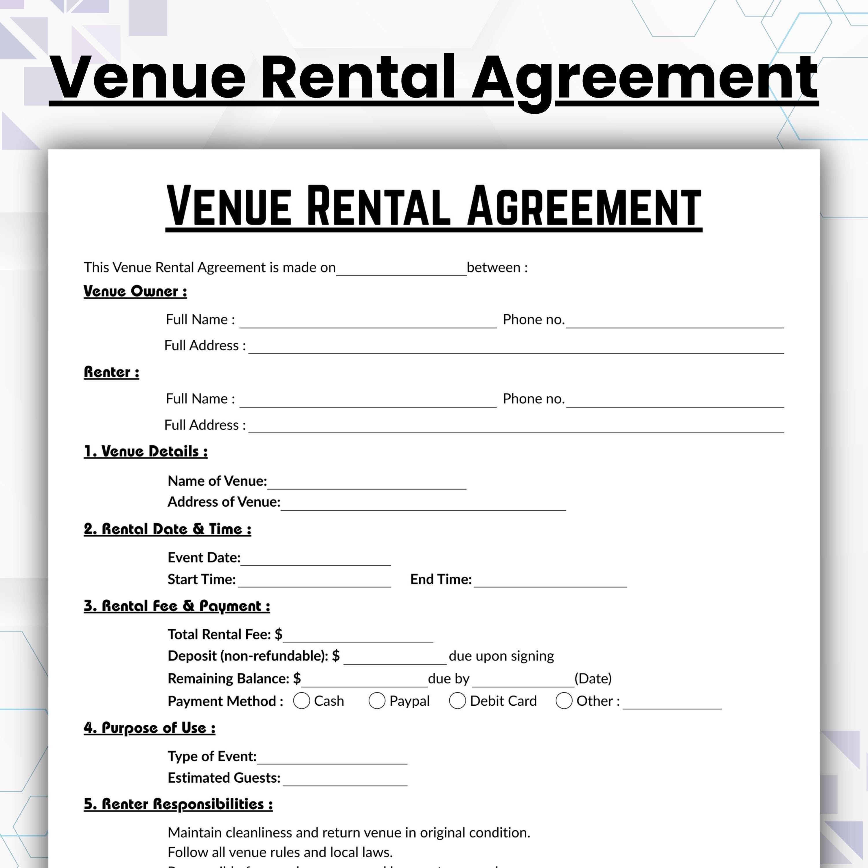 Editable Venue Rental Agreement Template, Single Page Wedding Venue ...