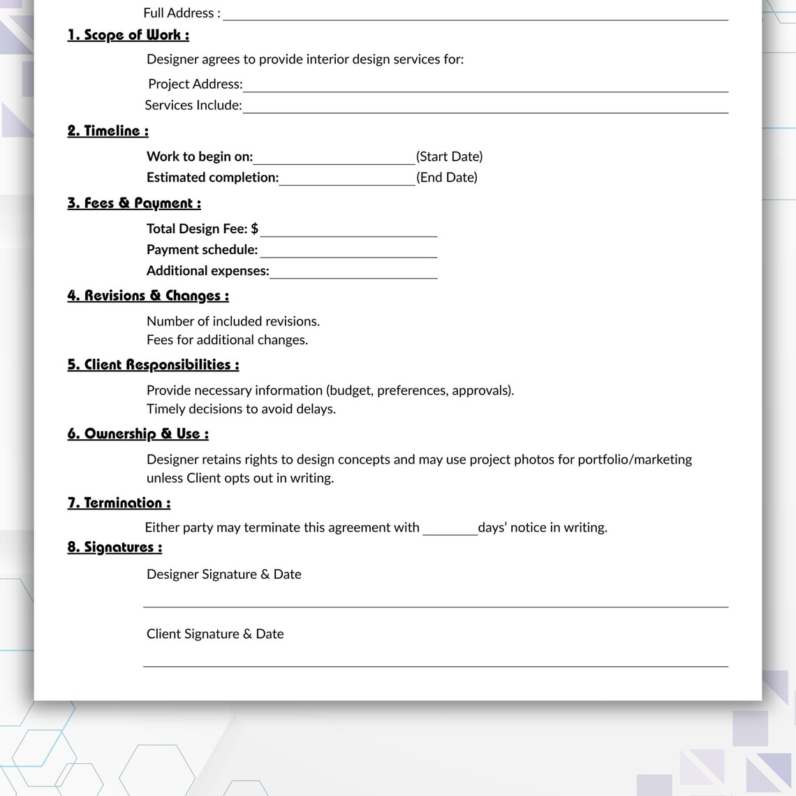 Editable Interior Designer Contract Template, Single Page Interior ...