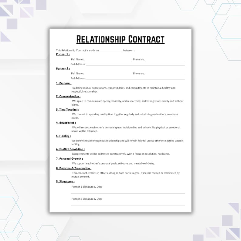 Editable Relationship Contract Template, Single Page Couples Agreement ...