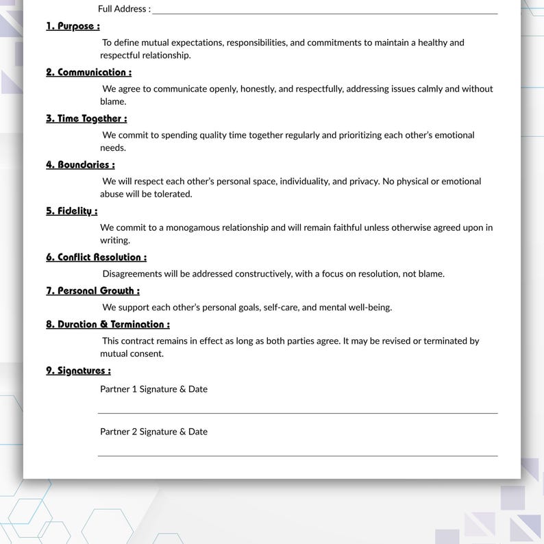 Editable Relationship Contract Template, Single Page Couples Agreement ...