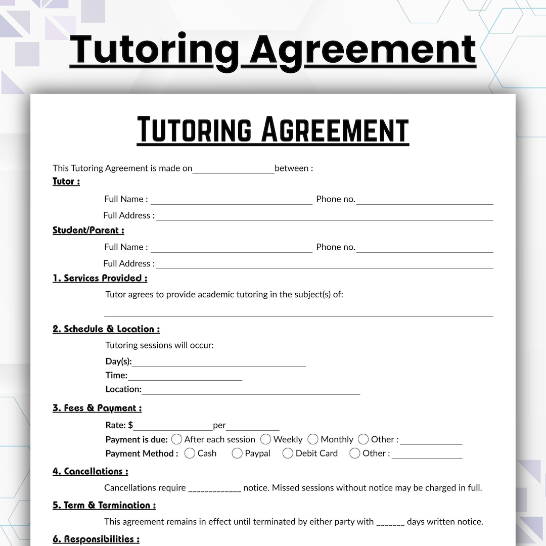 Editable Tutoring Agreement, Simple Tutoring Terms Contract Form ...