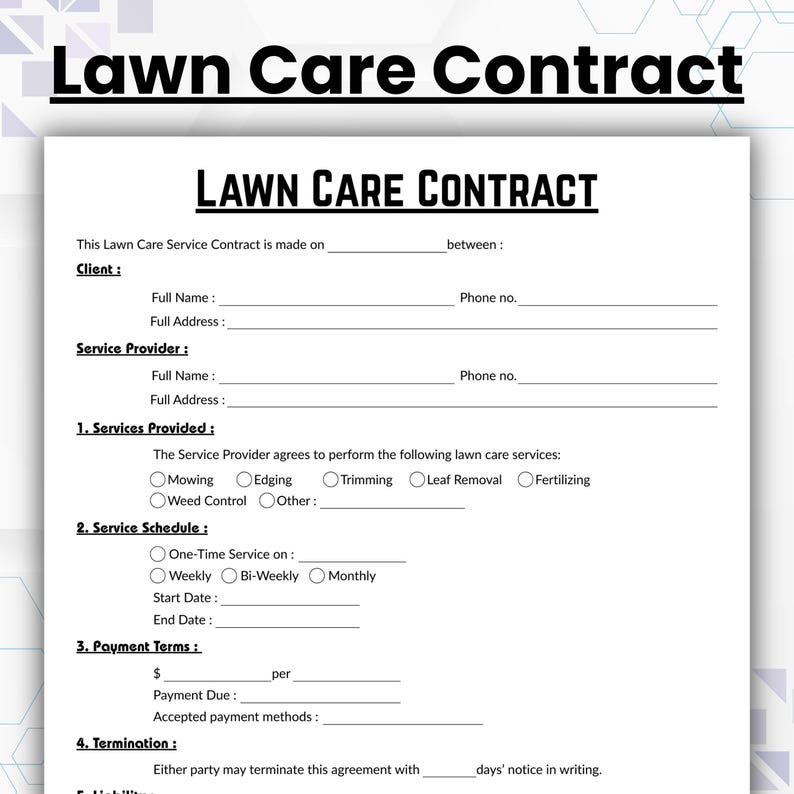 Editable Lawn Care Agreement, Single Page Landscaping Contract, Printable Garden Care Agreement ...
