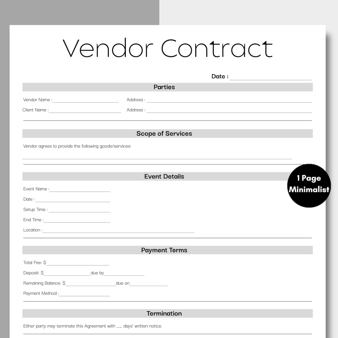 Minimalist Vendor Contract, Simple Event Agreement Template, Printable ...