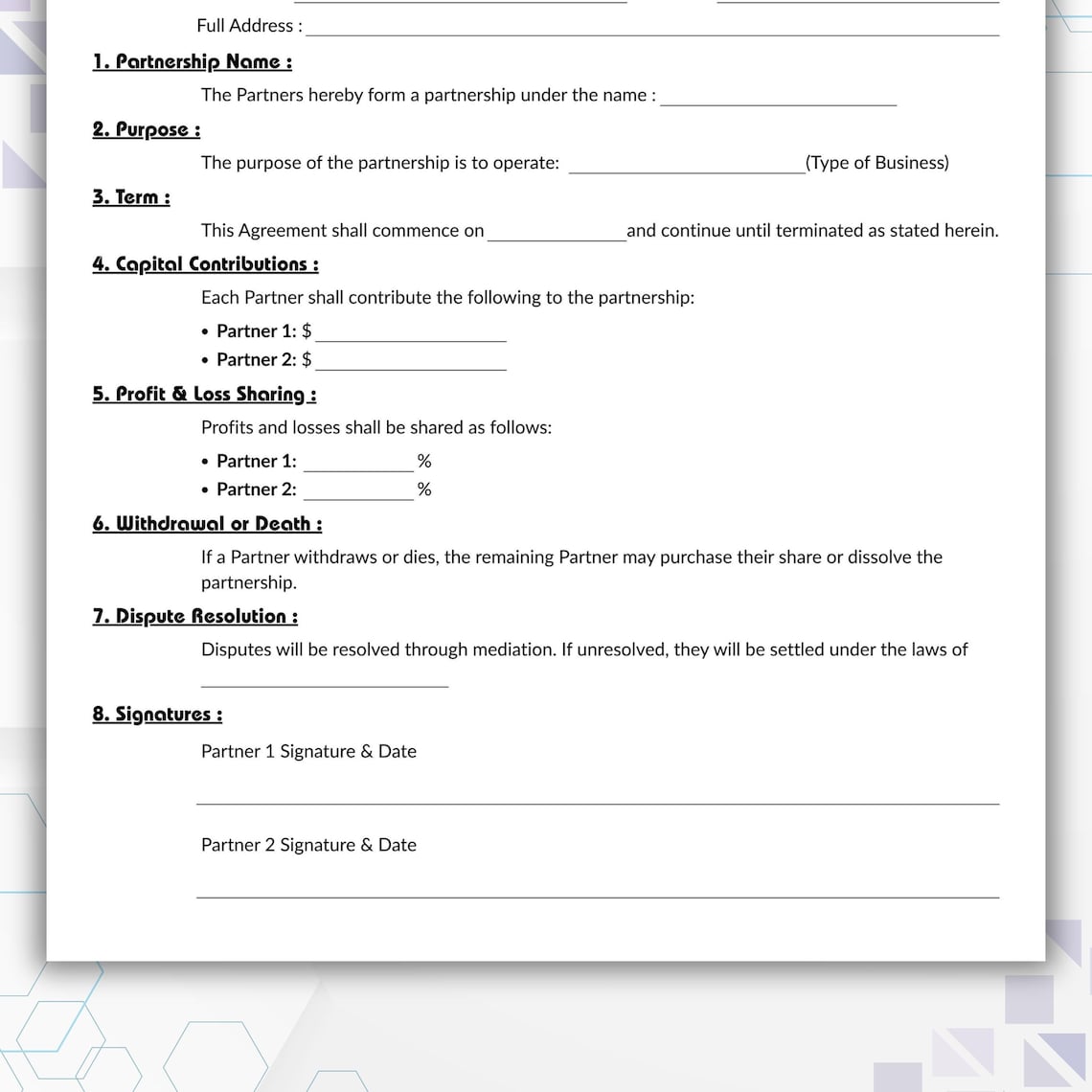 Editable Partnership Agreement Template, Single Page 50-50 Business ...