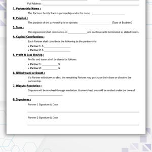 Editable Partnership Agreement Template, Single Page 50-50 Business ...