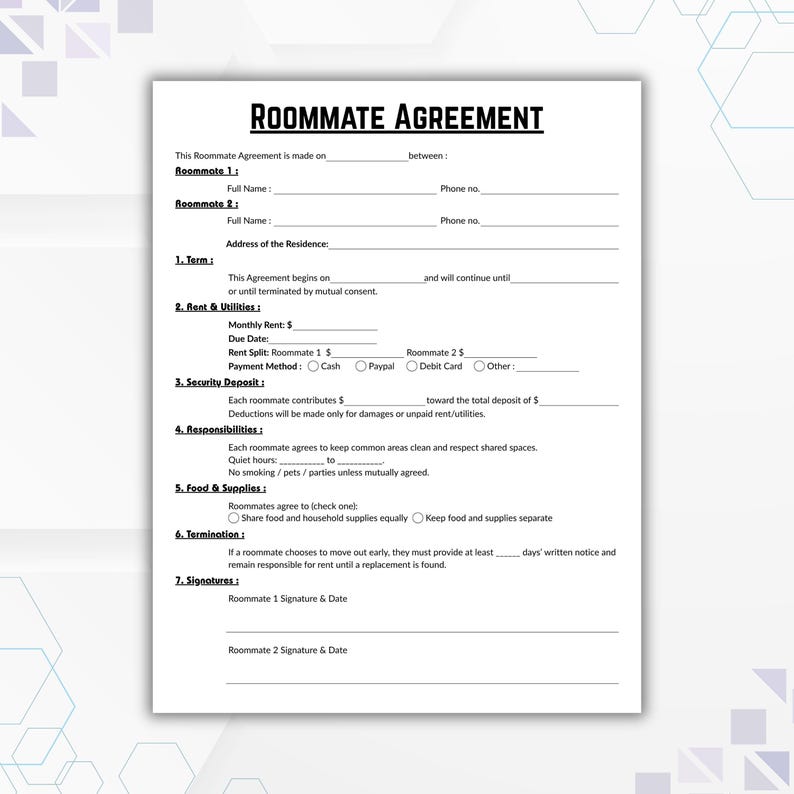 Editable Roommate Agreement, Simple Room Rental Agreement Form Template ...
