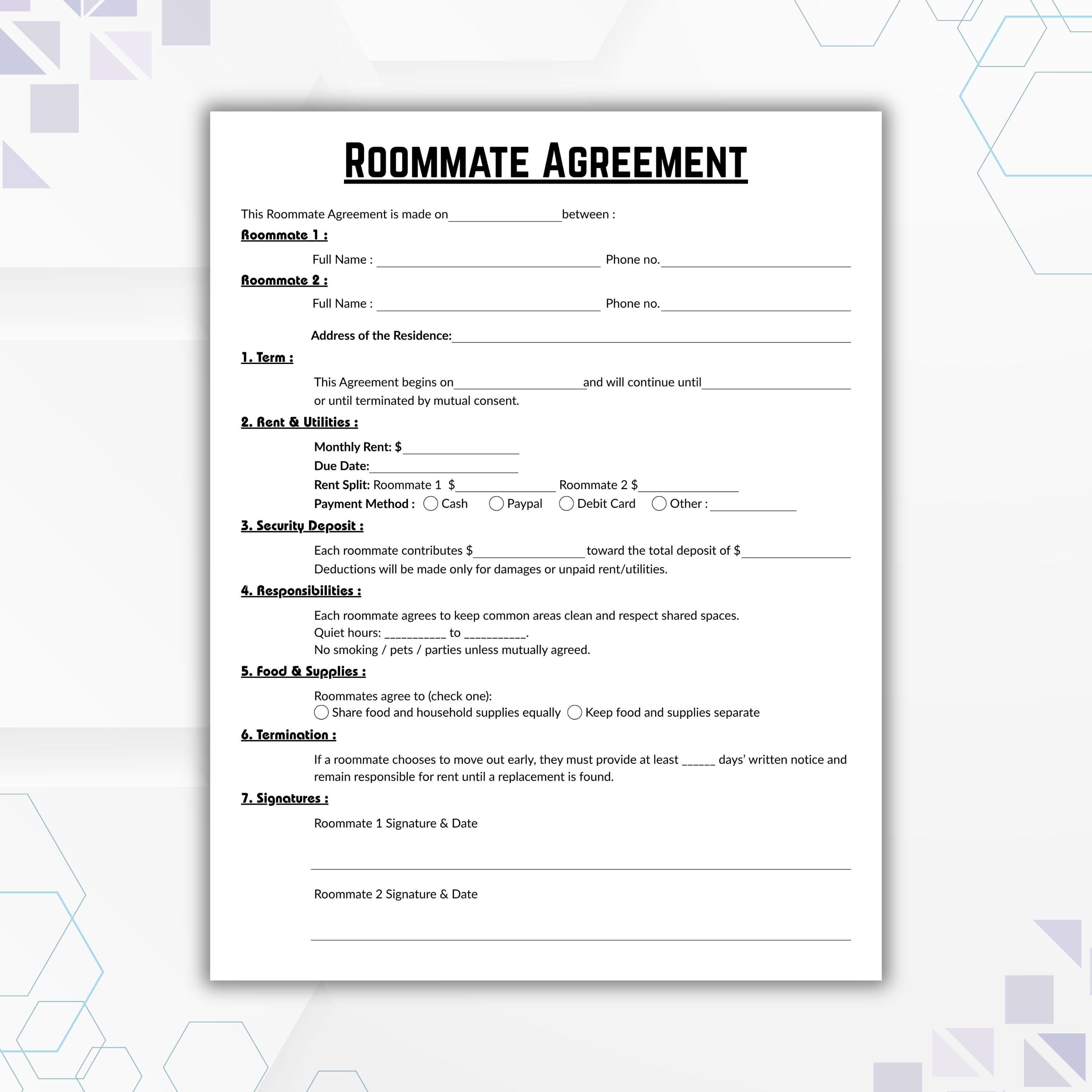 Editable Roommate Agreement, Simple Room Rental Agreement Form Template ...