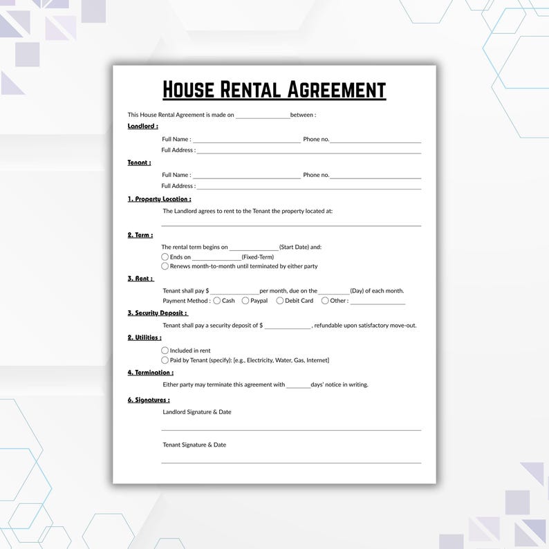 Editable House Rental Agreement Template, Single Page Landlord Forms ...