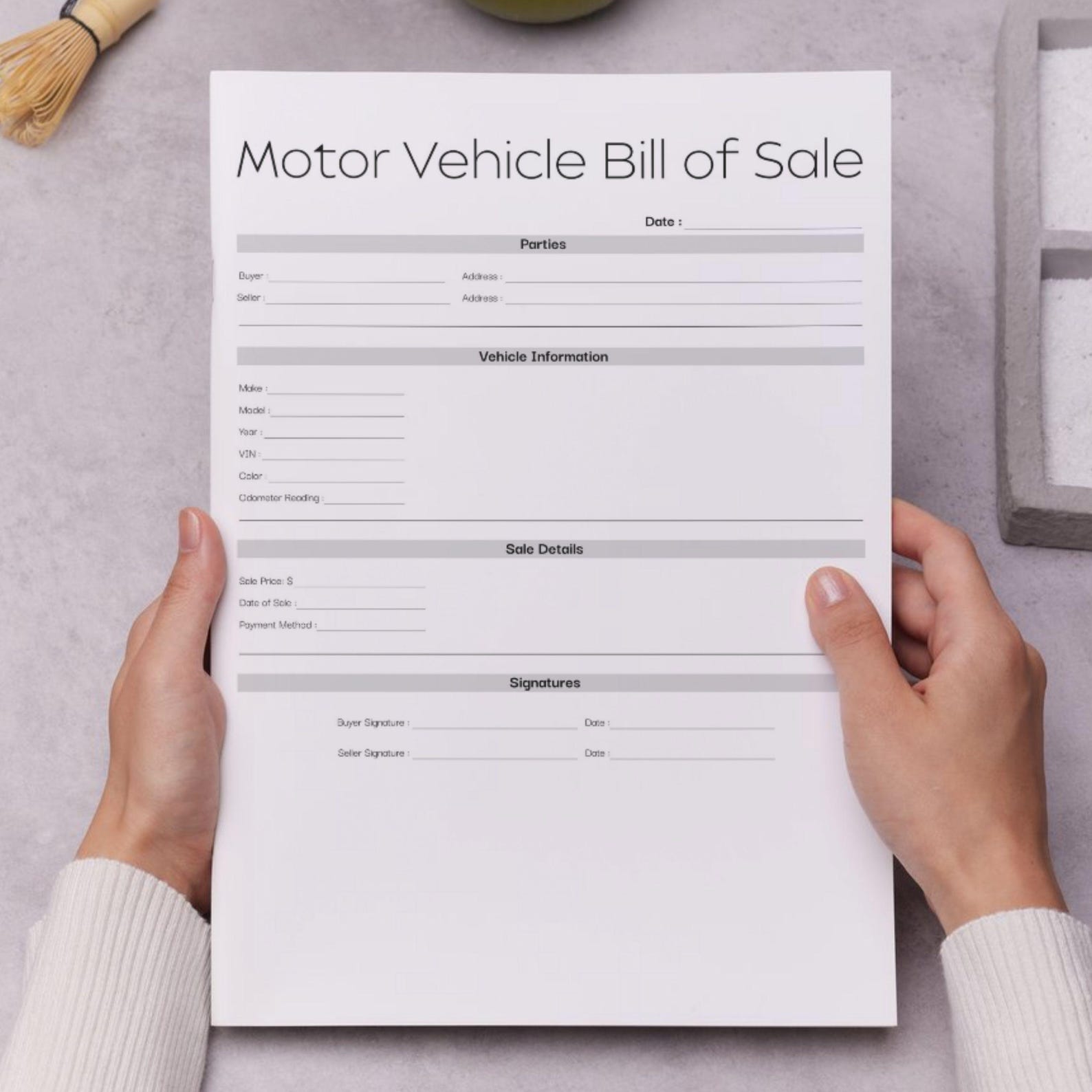 Minimalist Motor Vehicle Bill of Sale, Simple Car Sale Form, Printable ...