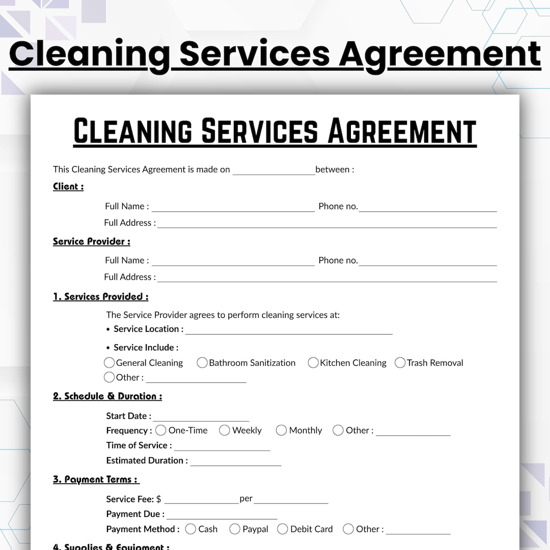 Editable Cleaning Service Agreement Template, Single Page Cleaning ...