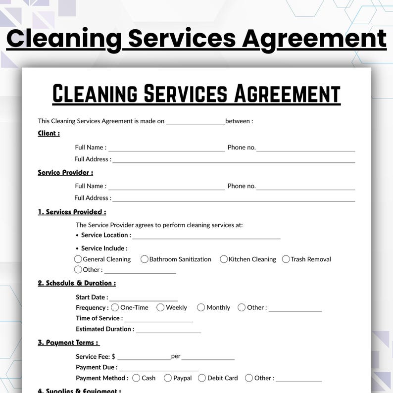 Editable Cleaning Service Agreement Template, Single Page Cleaning Business Form, Printable ...