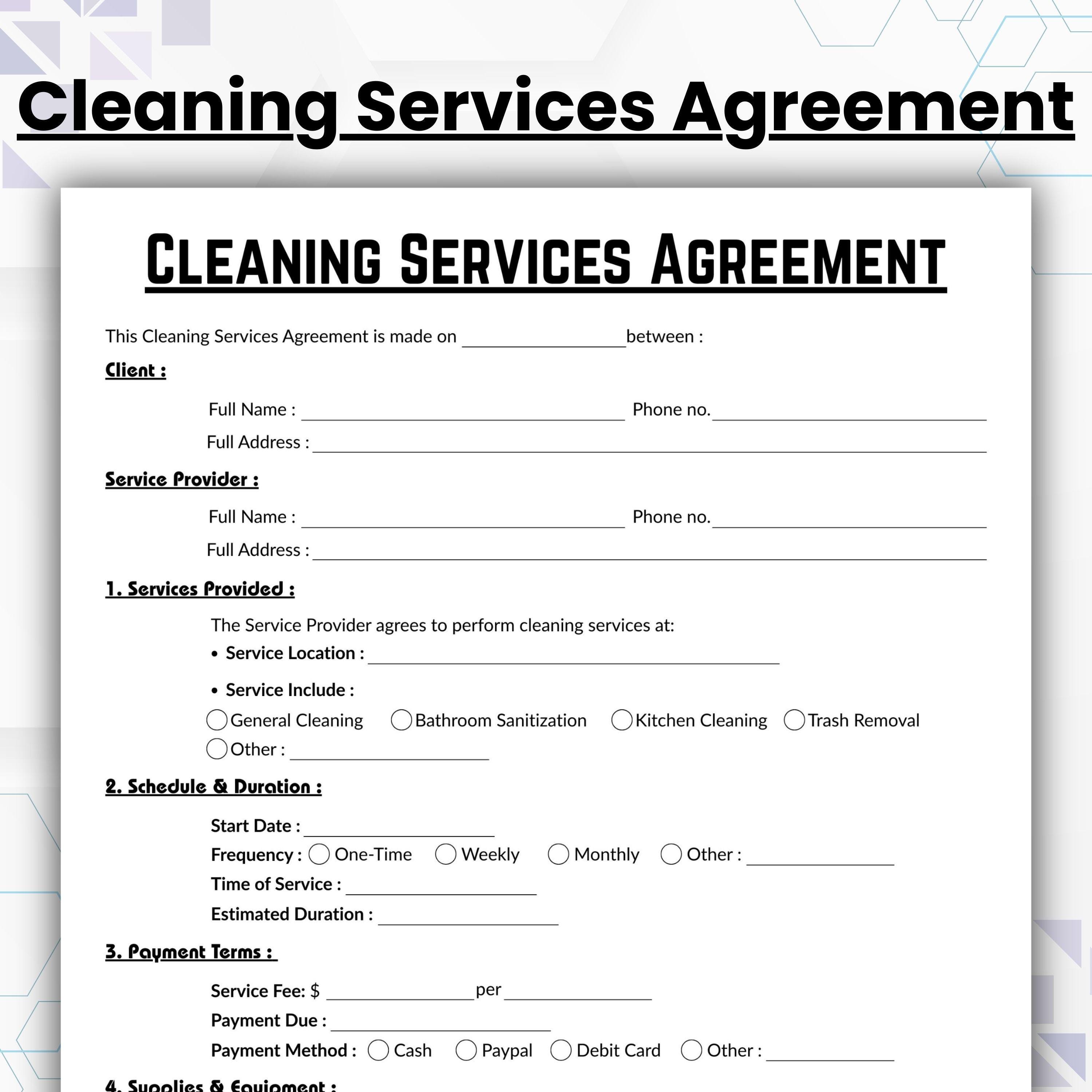 Editable Cleaning Service Agreement Template, Single Page Cleaning Business Form, Printable ...