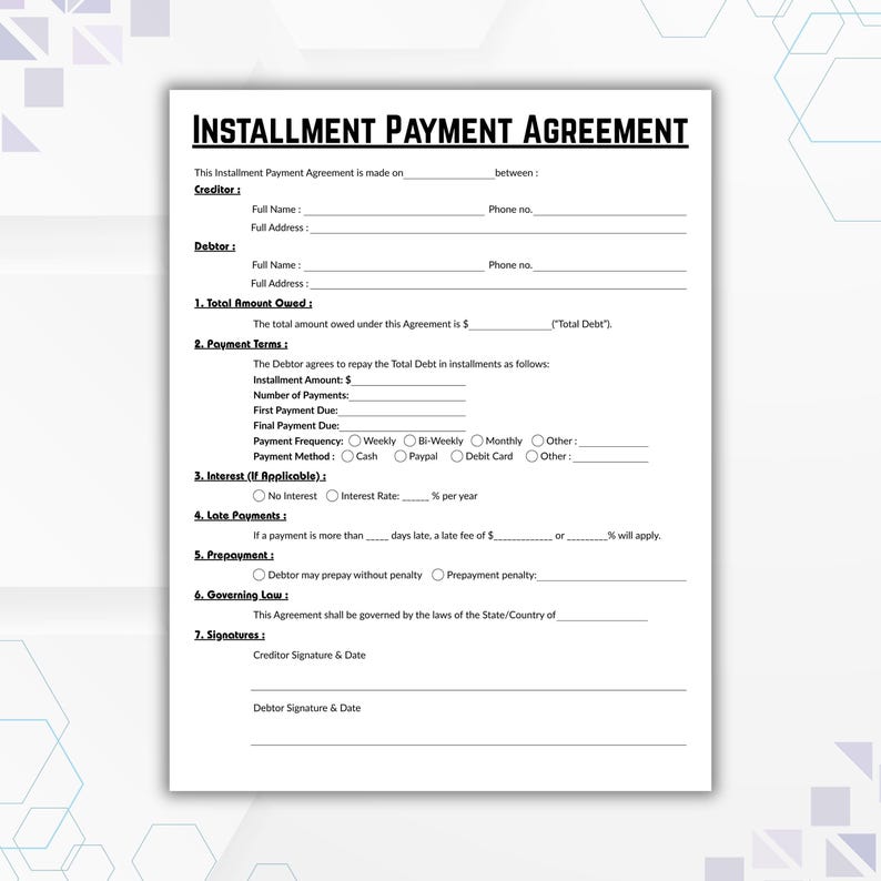 Editable Installment Payment Agreement Template, Single Page Loan ...