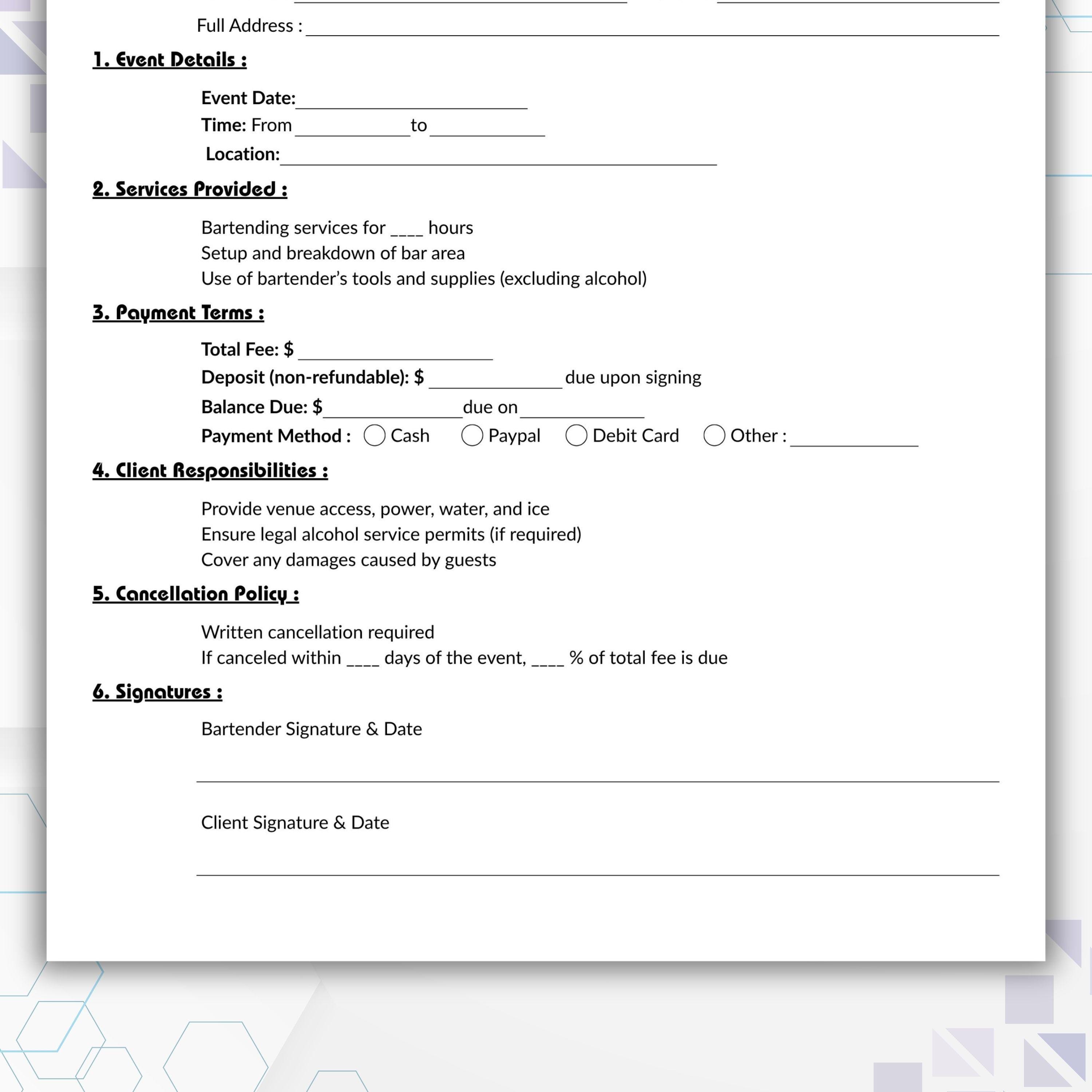 Editable Mobile Bartender Contract Template, Single Page Mobile Bar ...