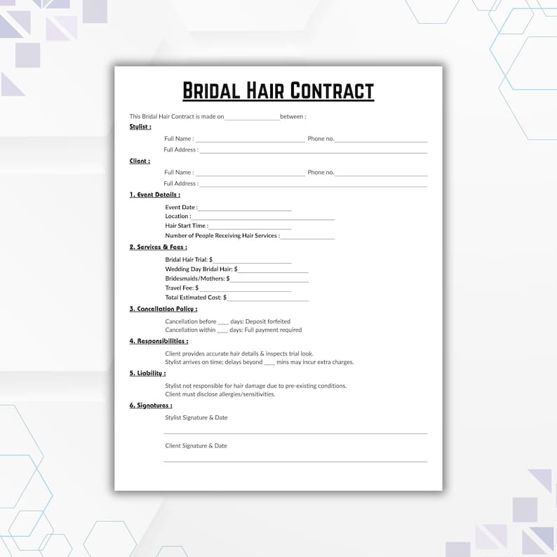 Editable Bridal Hair Contract Template, Single Page Bridal Hair Client ...