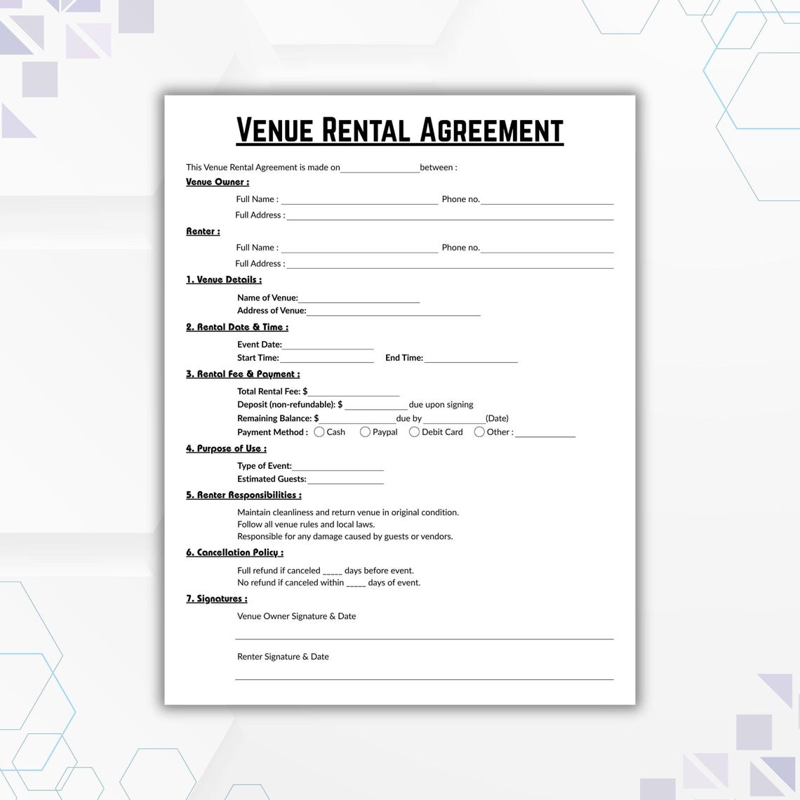 Editable Venue Rental Agreement Template, Single Page Wedding Venue ...