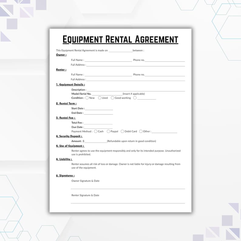Editable Equipment Rental Agreement Template, Single Page Lease ...