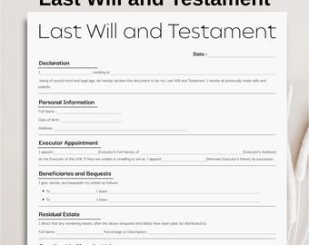 Simple Last Will and Testament, One Page Testament Form, Printable ...