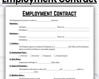 One Page Employment Contract, Editable Employment Service Contract ...