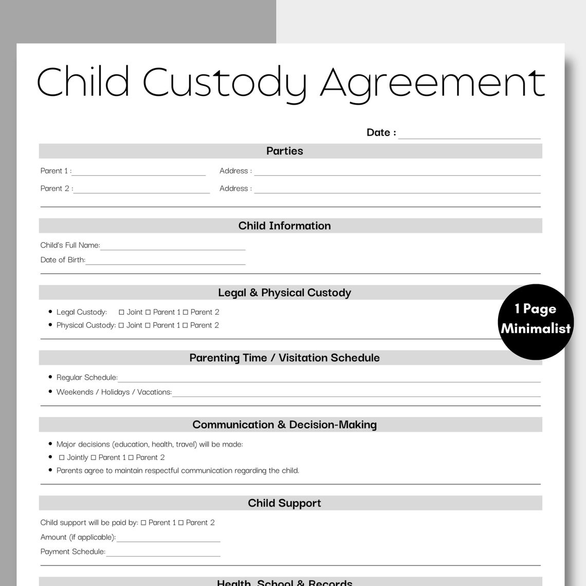Minimalist Child Custody Agreement, Simple Co-parenting Contract ...