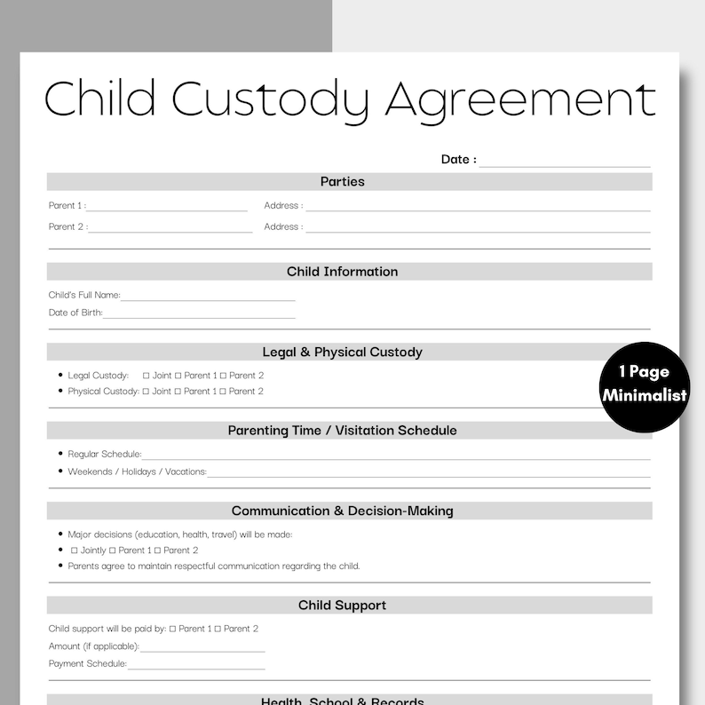 Minimalist Child Custody Agreement, Simple Co-parenting Contract ...
